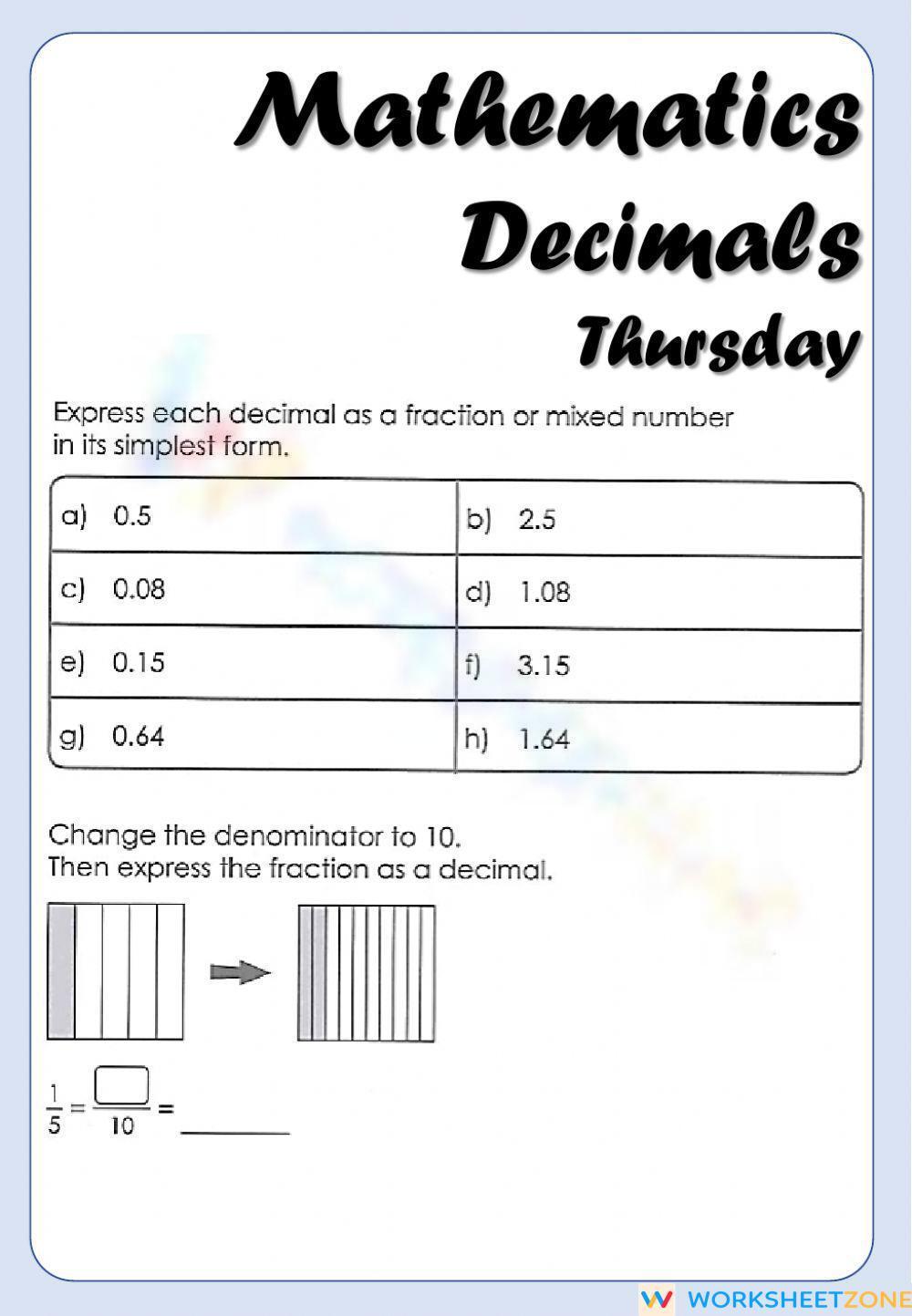 Mathematics - 4B - Decimals I Worksheet