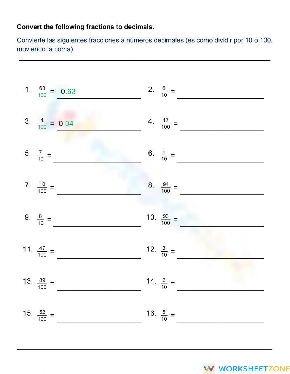 Decimal Numbers Worksheet