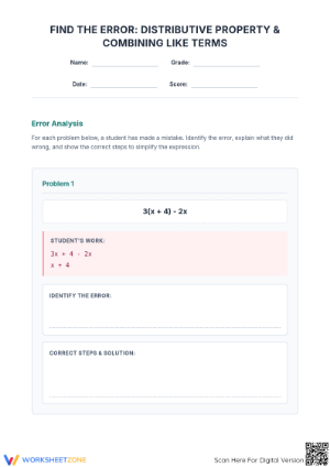 Essential Algebra: Combining Like Terms & Distributive Property Worksheets