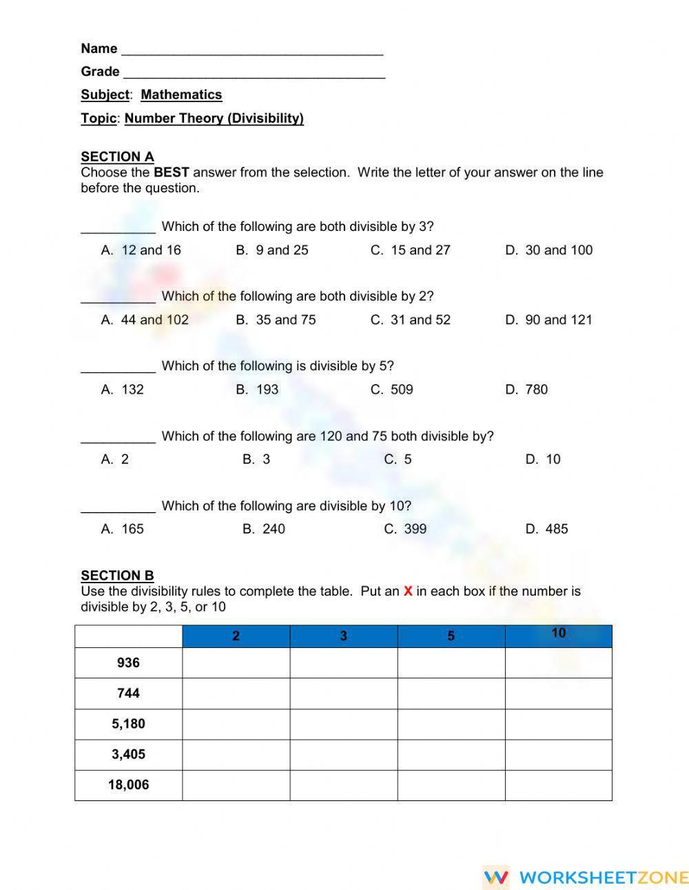 Number Theory Worksheet Number Theory Worksheet