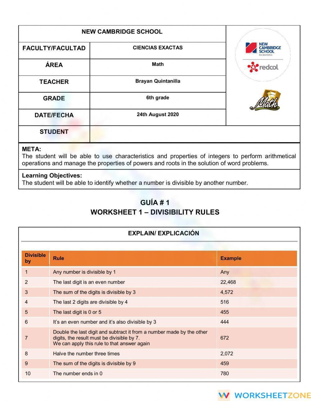 Divisibility Rules Worksheet