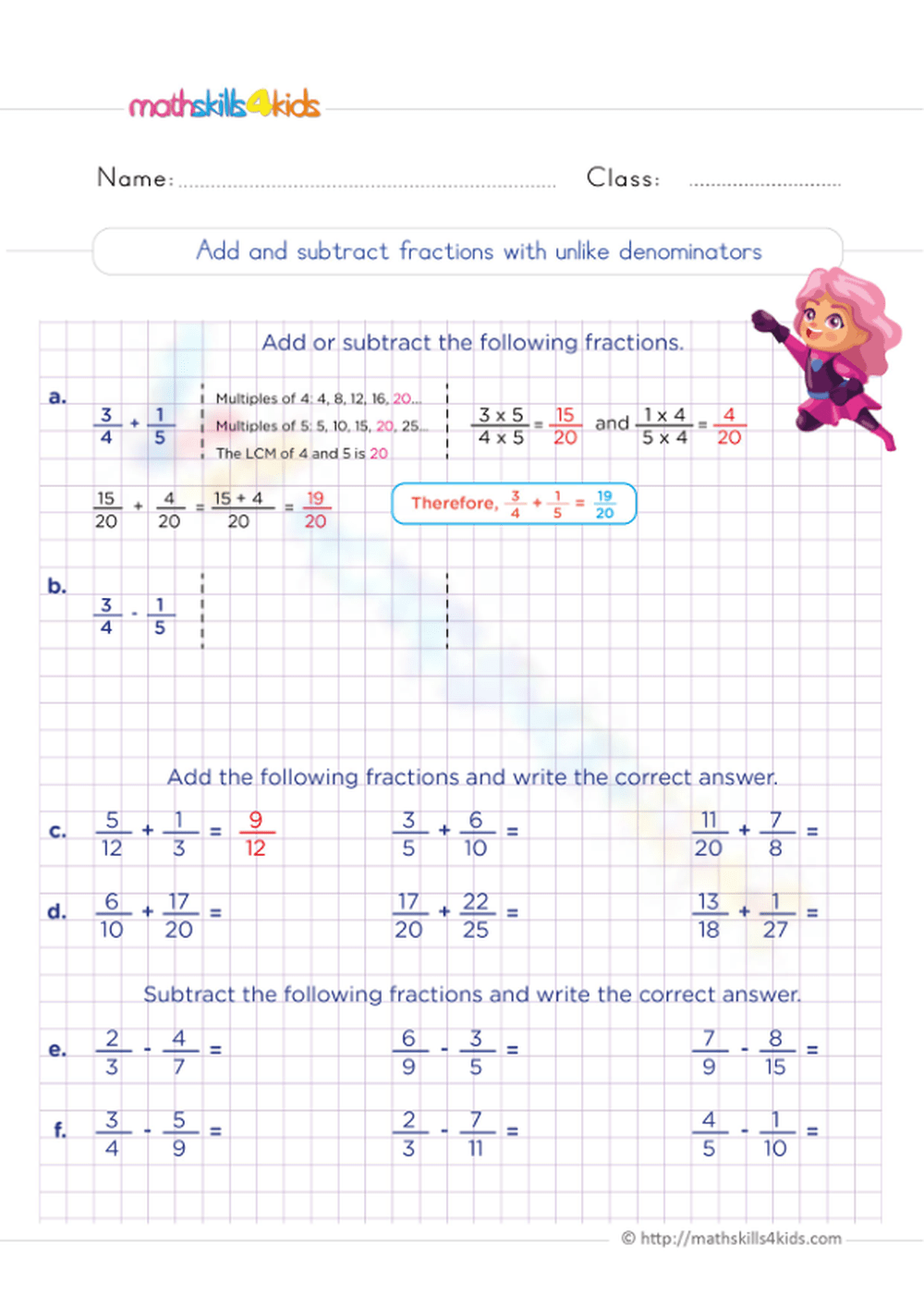 Add And Subtract Fractions With Unlike Denominators Worksheet