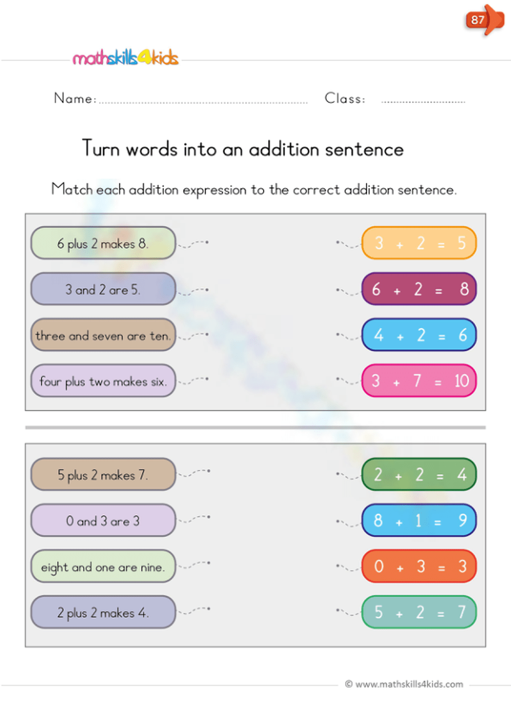 Addition Up To 10: Match With Addition Expression Worksheet