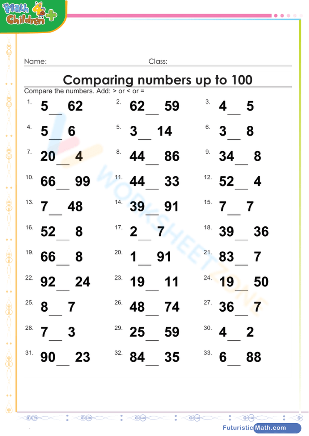 Comparing Numbers Up To 100 Worksheet