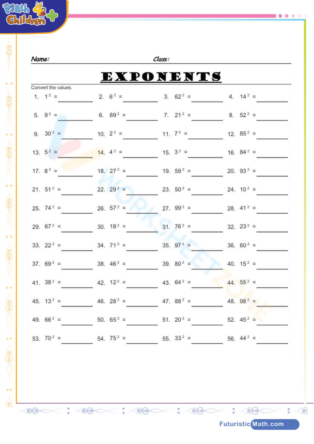 Exponents To 2nd Power Worksheet