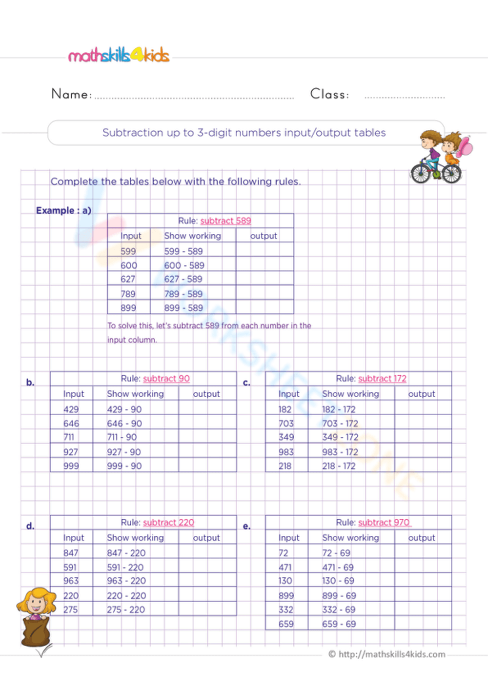 Subtraction Up To 3-digit Numbers Input/output Tables Worksheet Subtraction Up To 3-digit Numbers Input/output Tables Worksheet