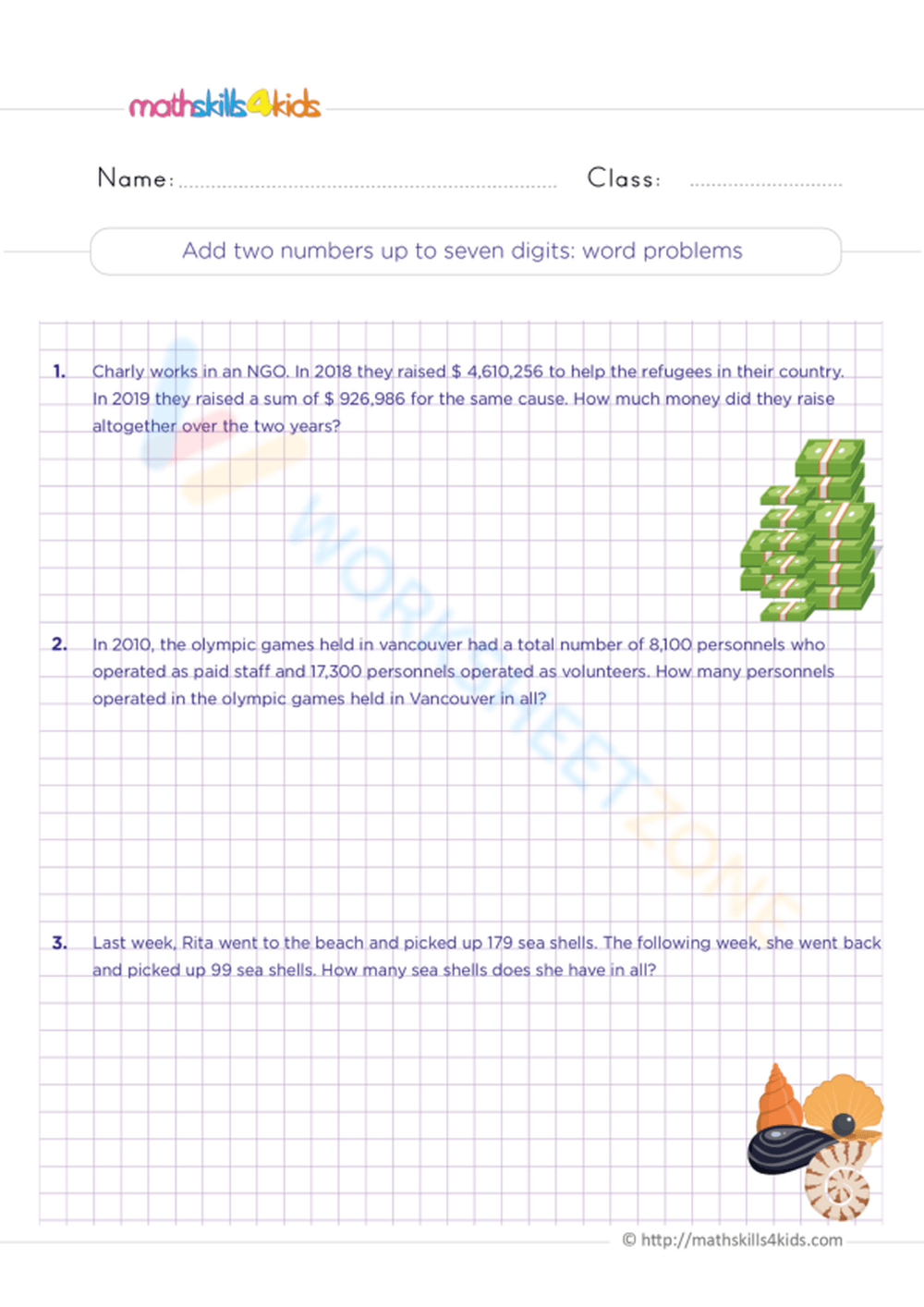 Add Two Numbers Up To Seven Digits: Word Problems Worksheet