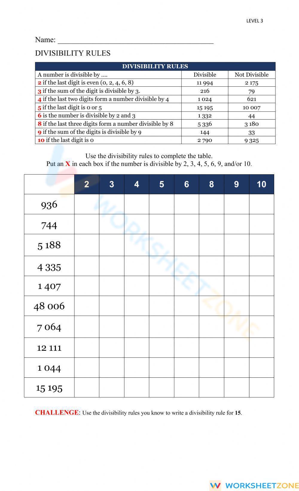 Divisibility Rules Worksheet