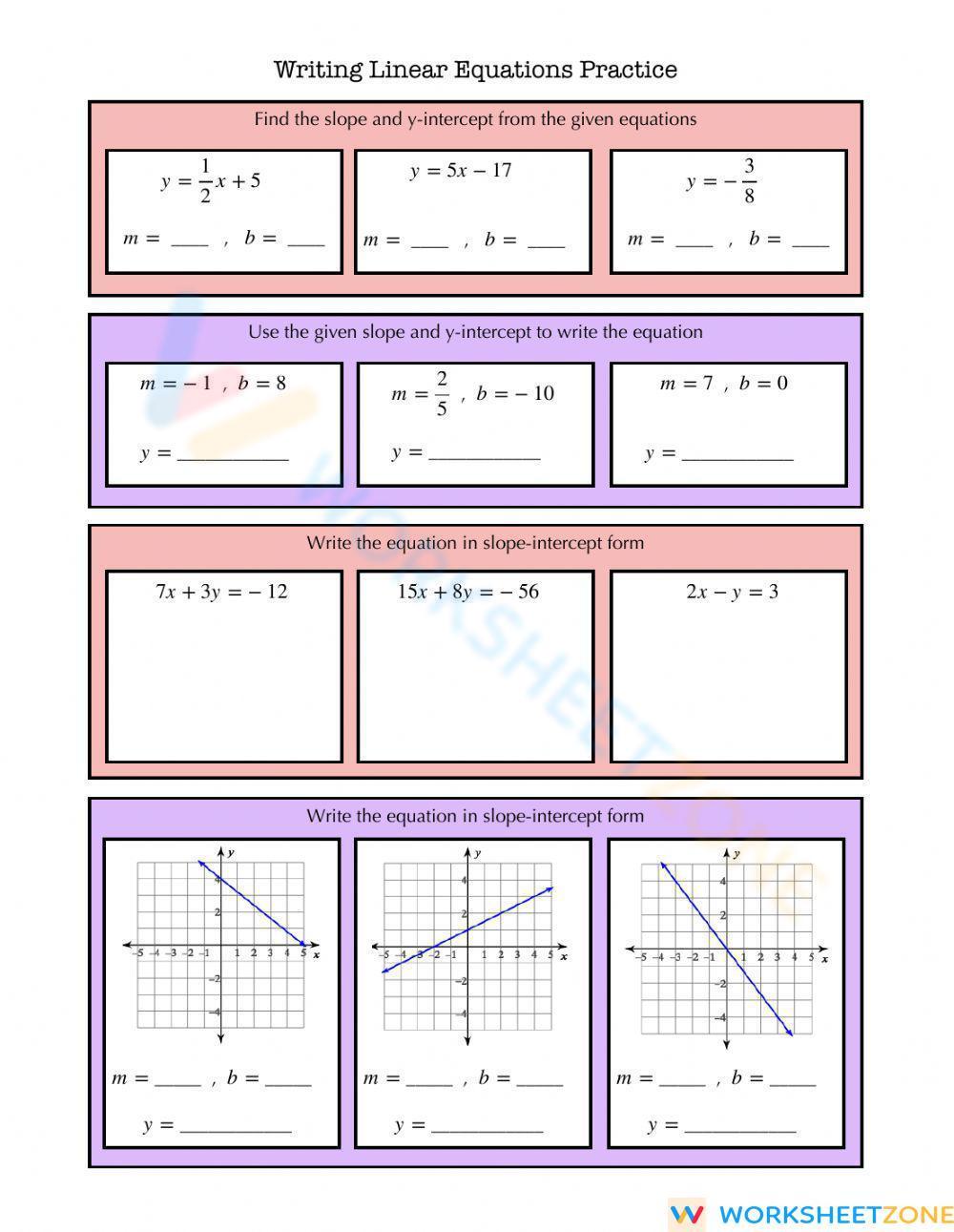 Writing Linear Equations Practice Worksheet