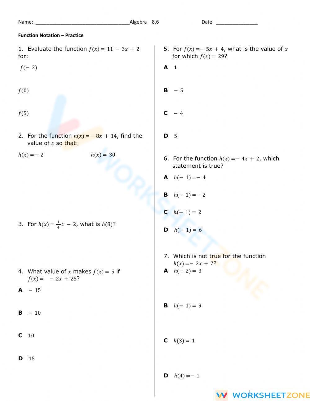A 12b Evaluate Function Worksheet