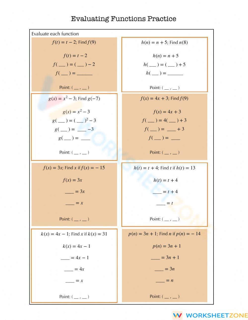 Evaluating Functions Practice Worksheet