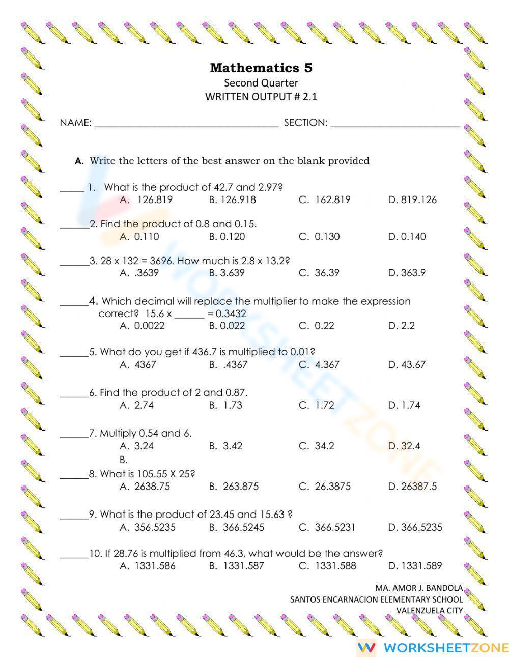 Math 5 Written Test - 2 Worksheet