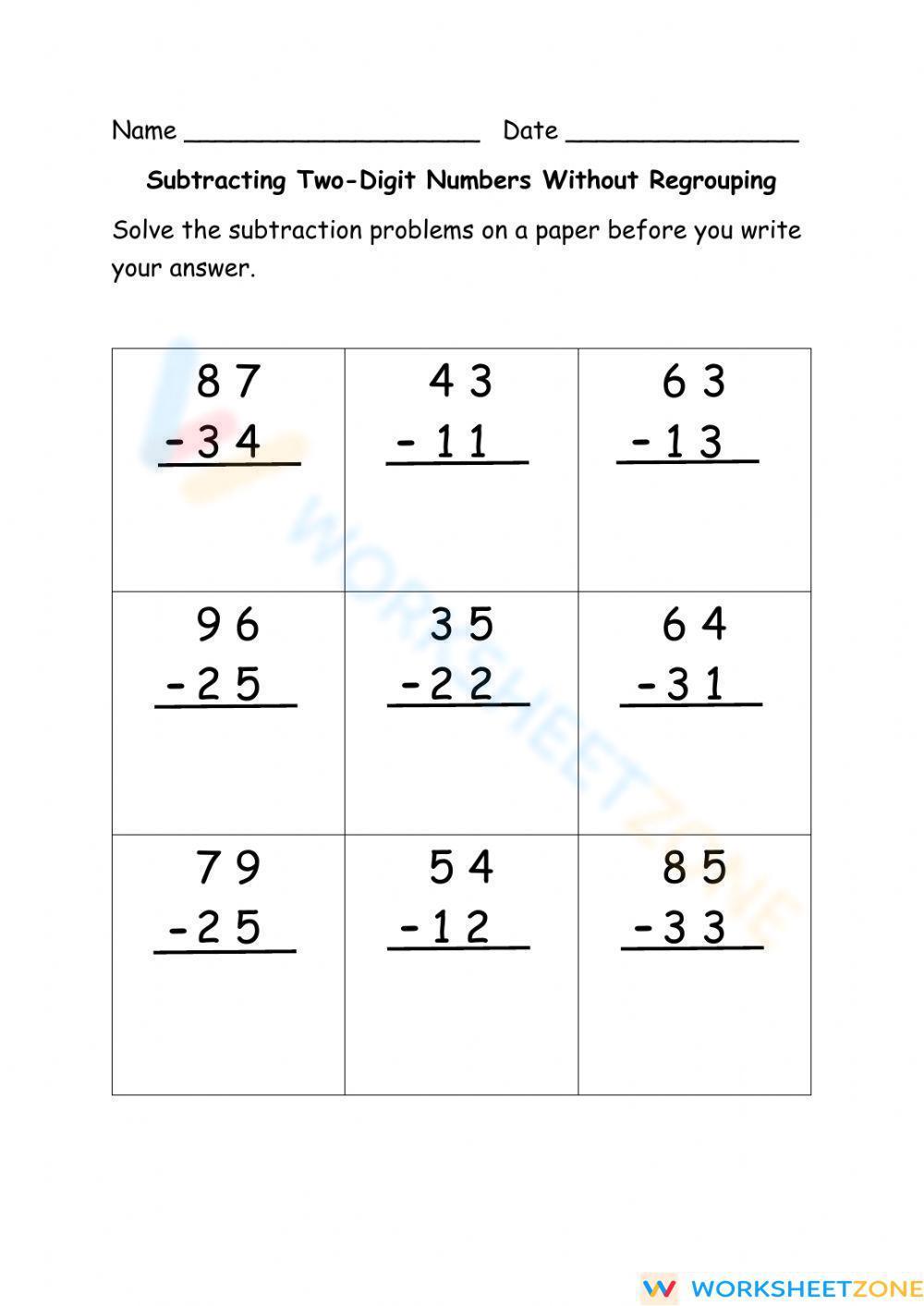 Subtracting 2 Digit Numbers Without Regrouping Worksheet