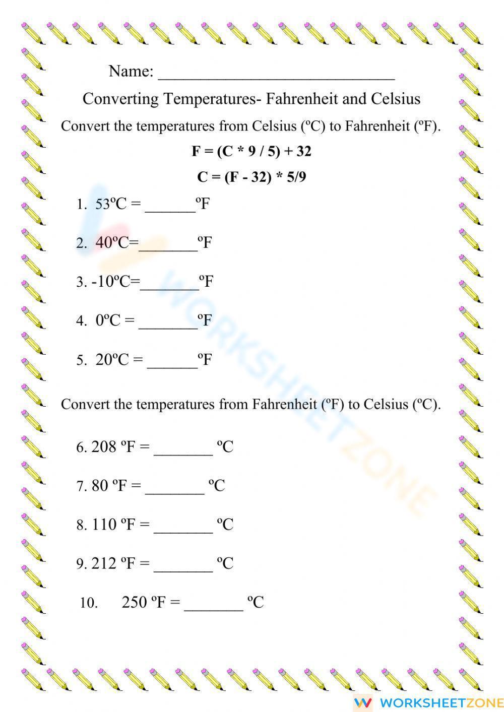 Converting Temepratures: Fahrenheit Or Celsius Worksheet Converting Temepratures: Fahrenheit Or Celsius Worksheet