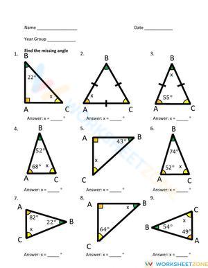 Triangles Find Missing Angle Worksheets