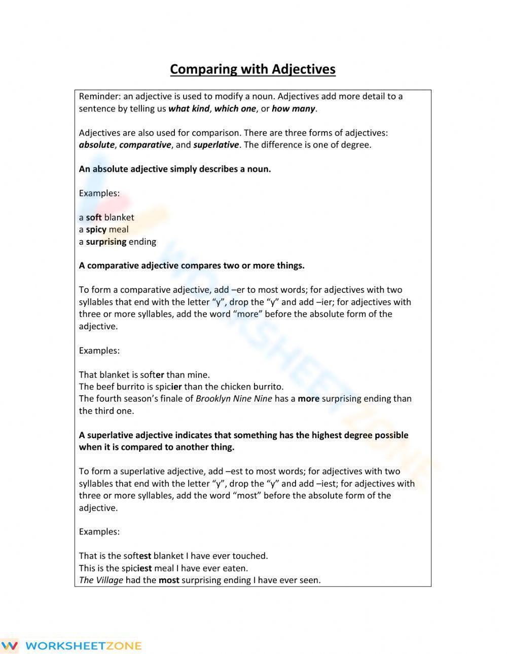 Comparing With Articles Worksheet
