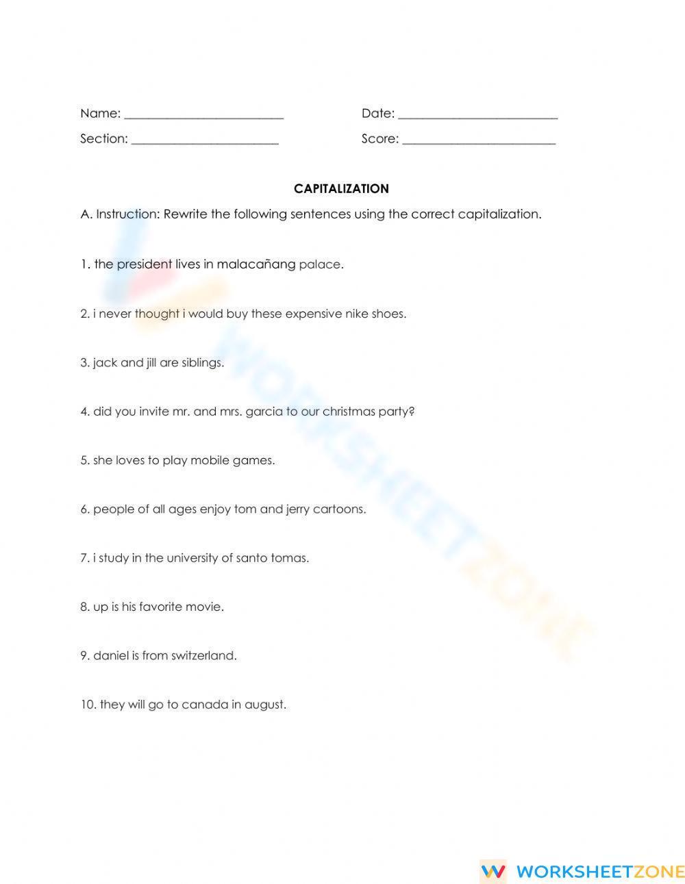 Worksheet In Capitalization Worksheet