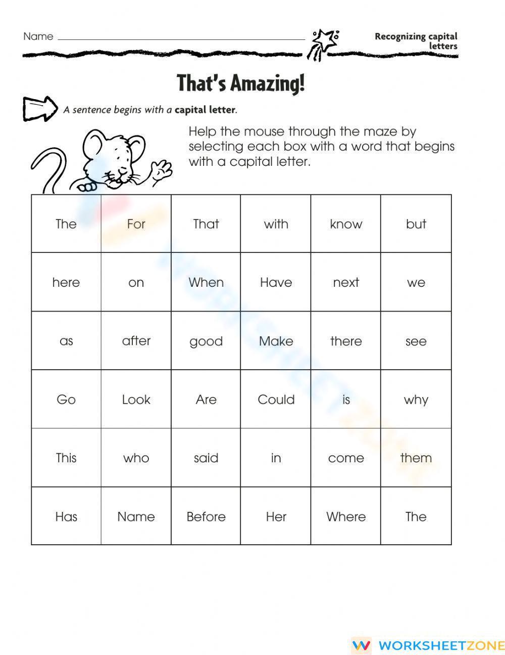 Recognizing Capital Letters Worksheet