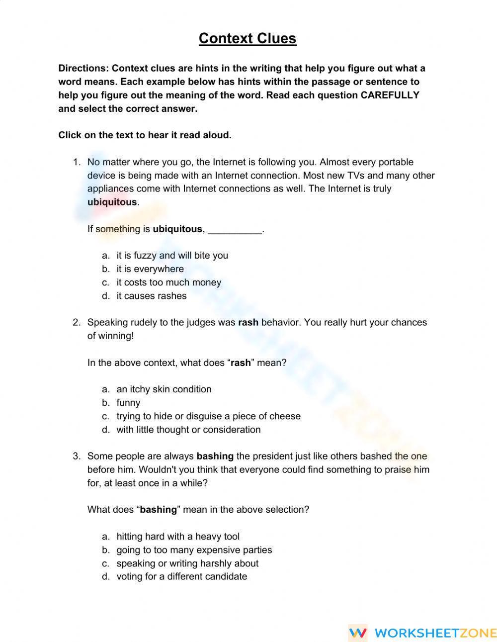 Using Context Clues to Determine Meaning (Audio) | Worksheet Zone