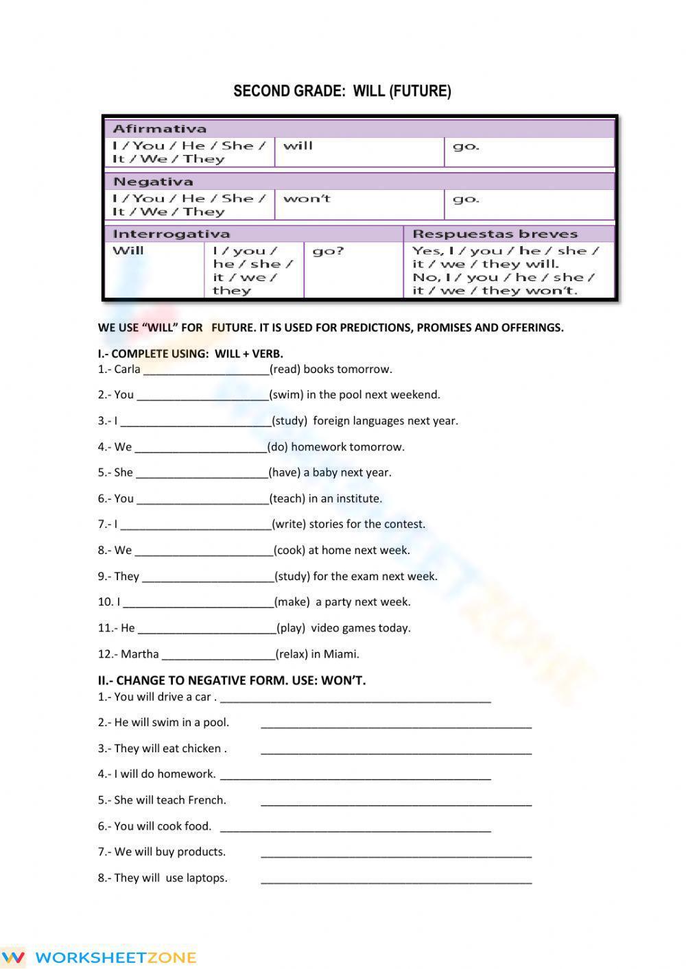 Future Will Worksheet