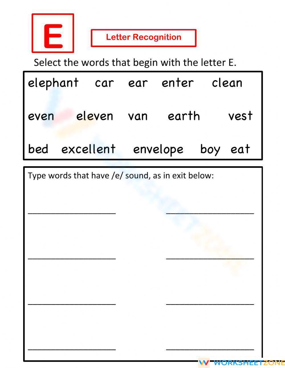 Letter E Recognition - Select And Write Worksheet
