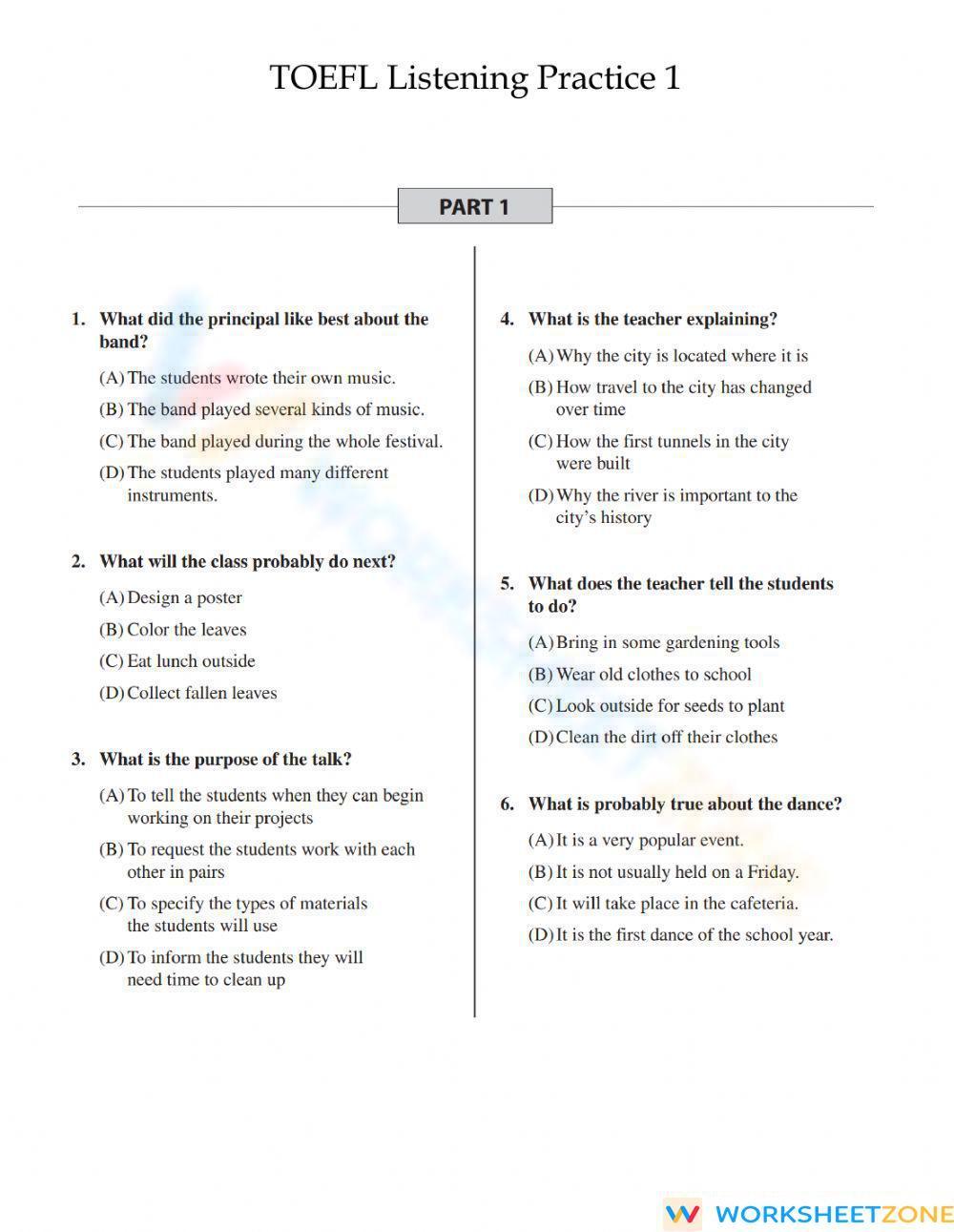 Grade 5 TOEFL JR Listening Practice Worksheet Grade 5 TOEFL JR Listening Practice Worksheet