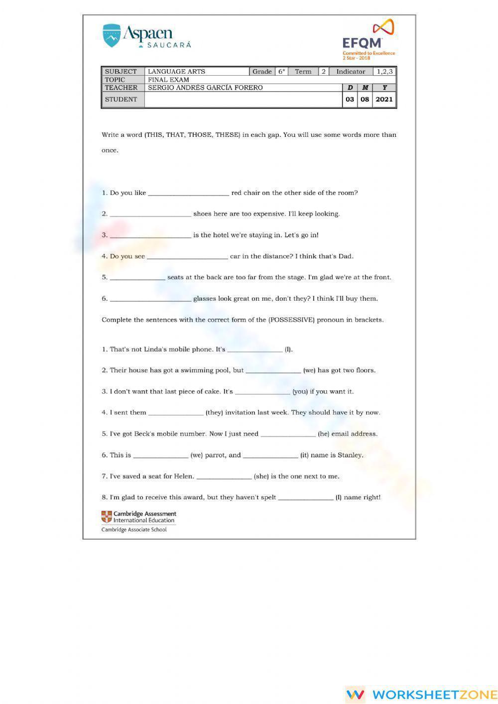 Final Exam - Second Term Worksheet