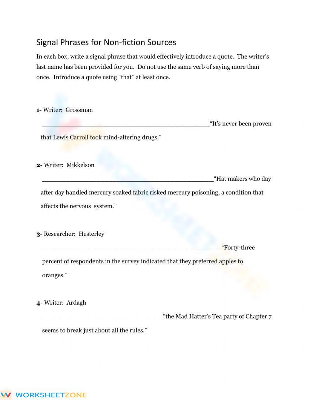 Introducing Source Quotes Worksheet