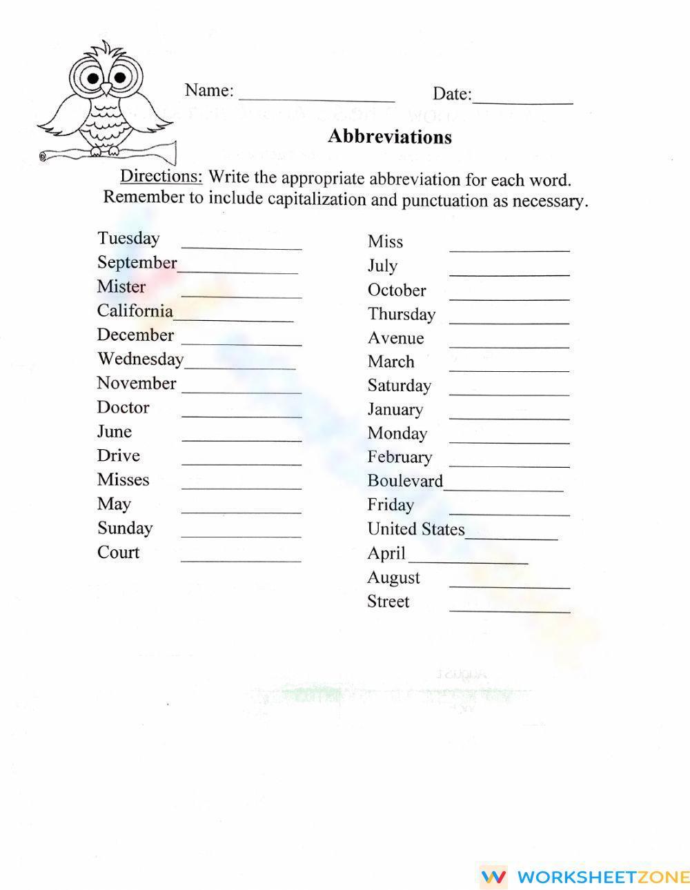 Abbreviations Worksheet