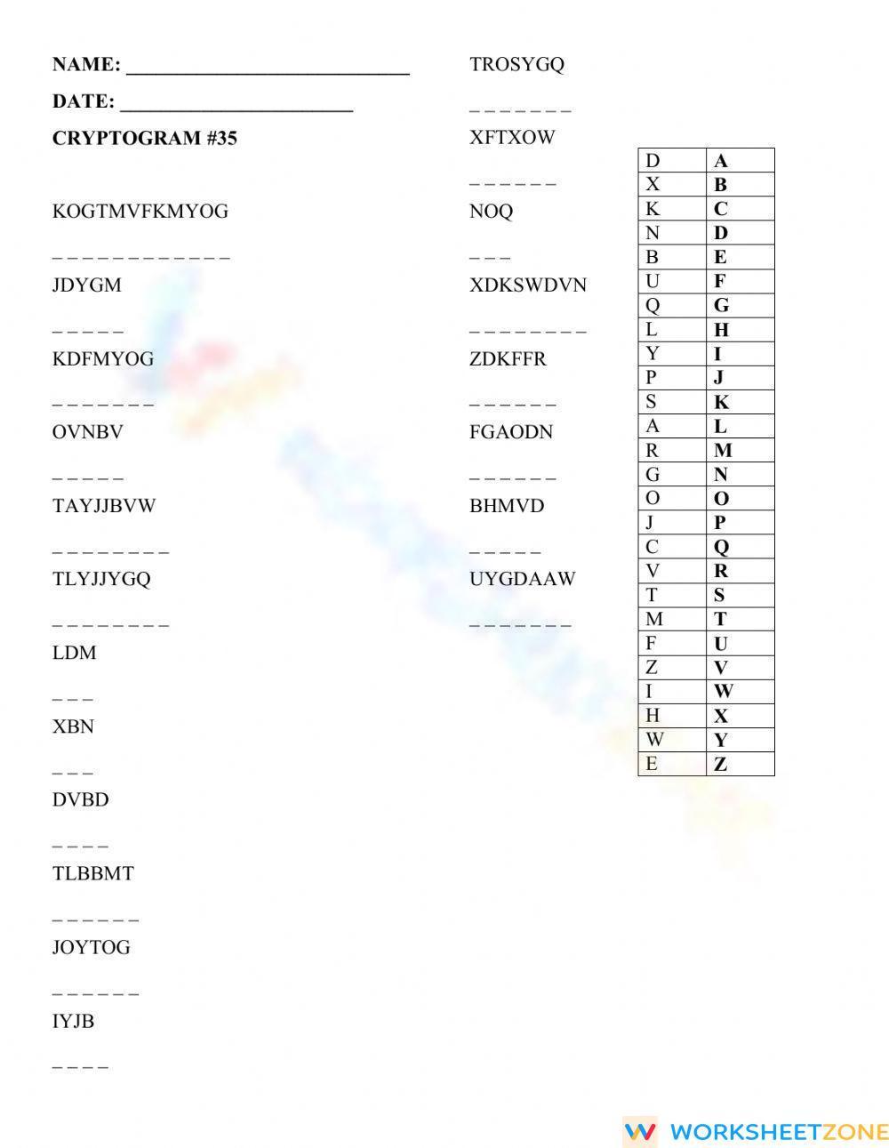 Cryptogram -35 Worksheet