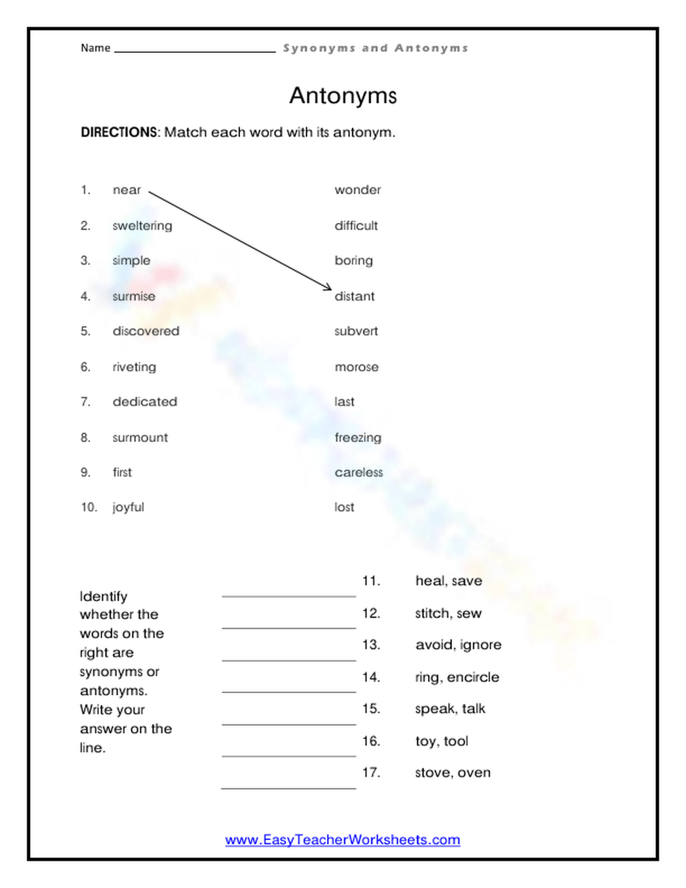 Matching Each Word With Its Antonyms Worksheet