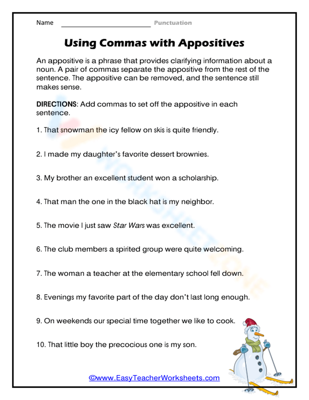 Using Commas With Appositives Worksheet Using Commas With Appositives Worksheet