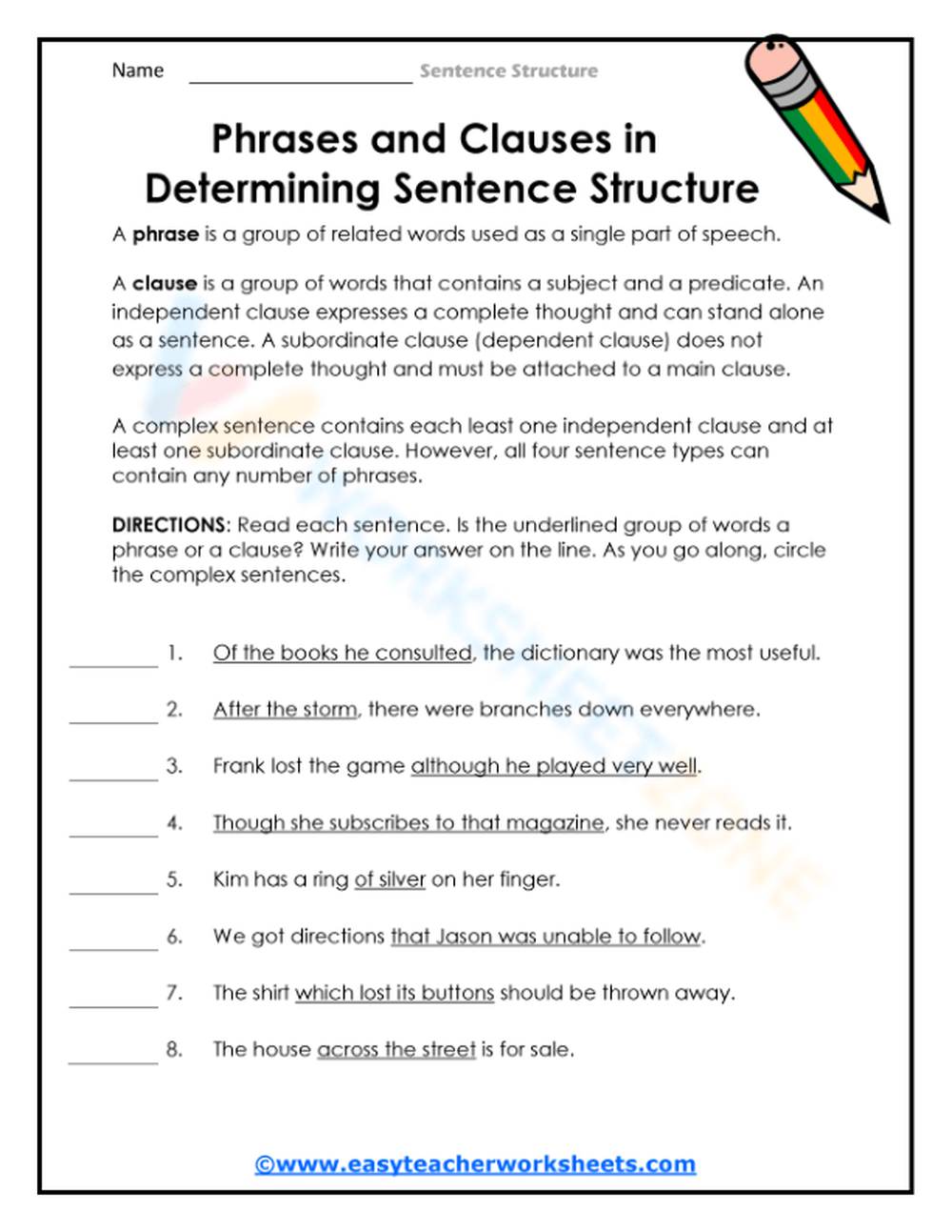 Phrases And Clauses In Determining Sentence Structure Worksheet Phrases And Clauses In Determining Sentence Structure Worksheet