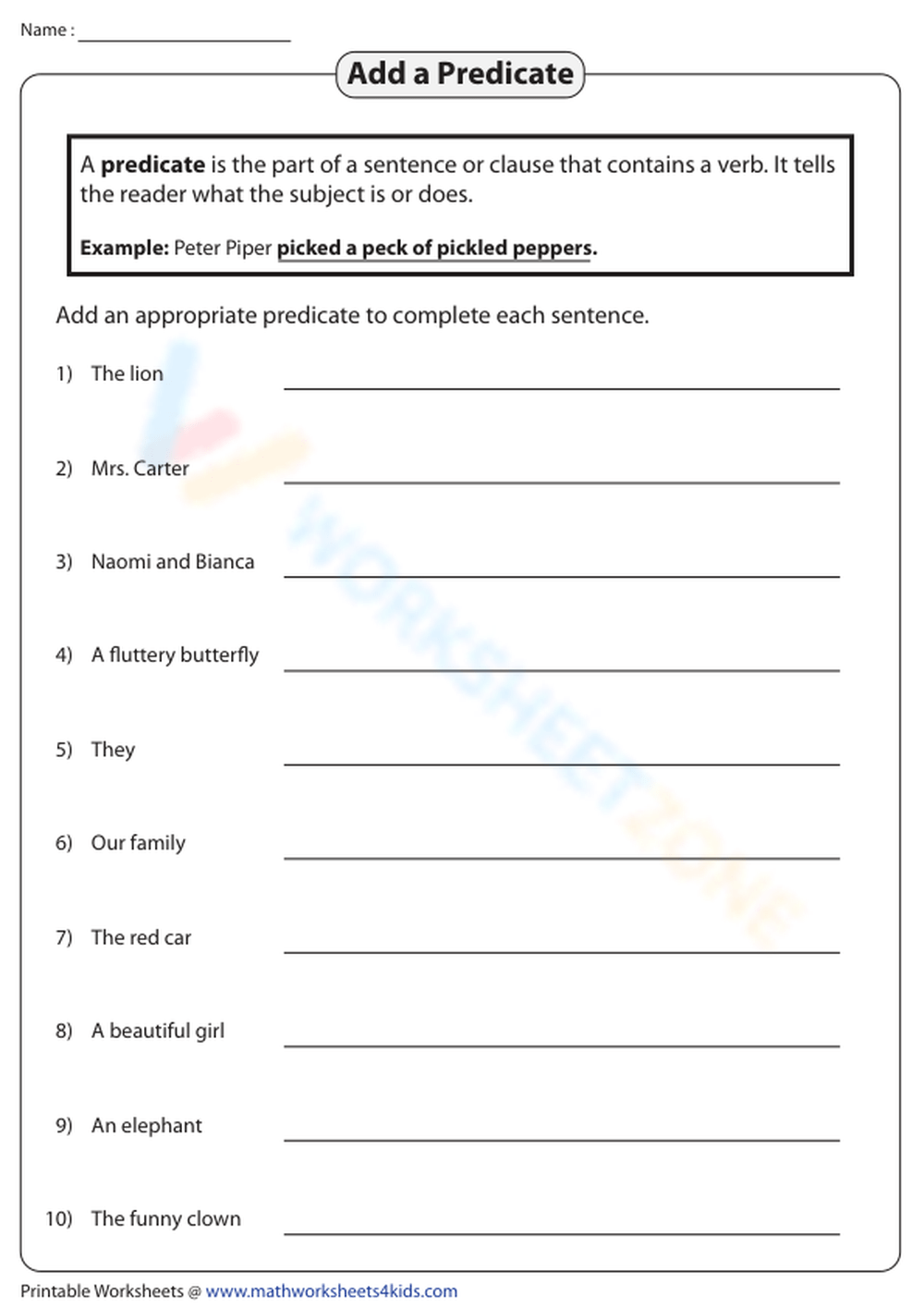 Add The Missing Predicate Worksheet