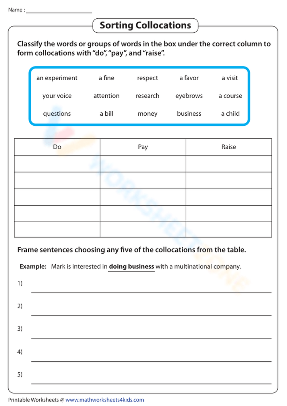 Collocations - Sort Worksheet