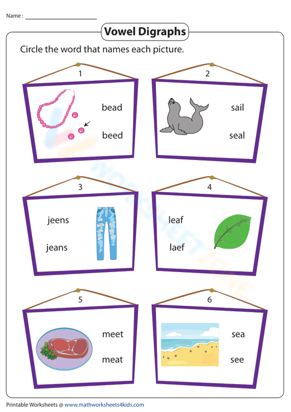Circling Words With Digraph "ea" Worksheet