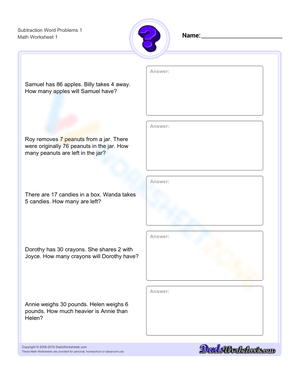 Substraction word problems | Worksheet Zone