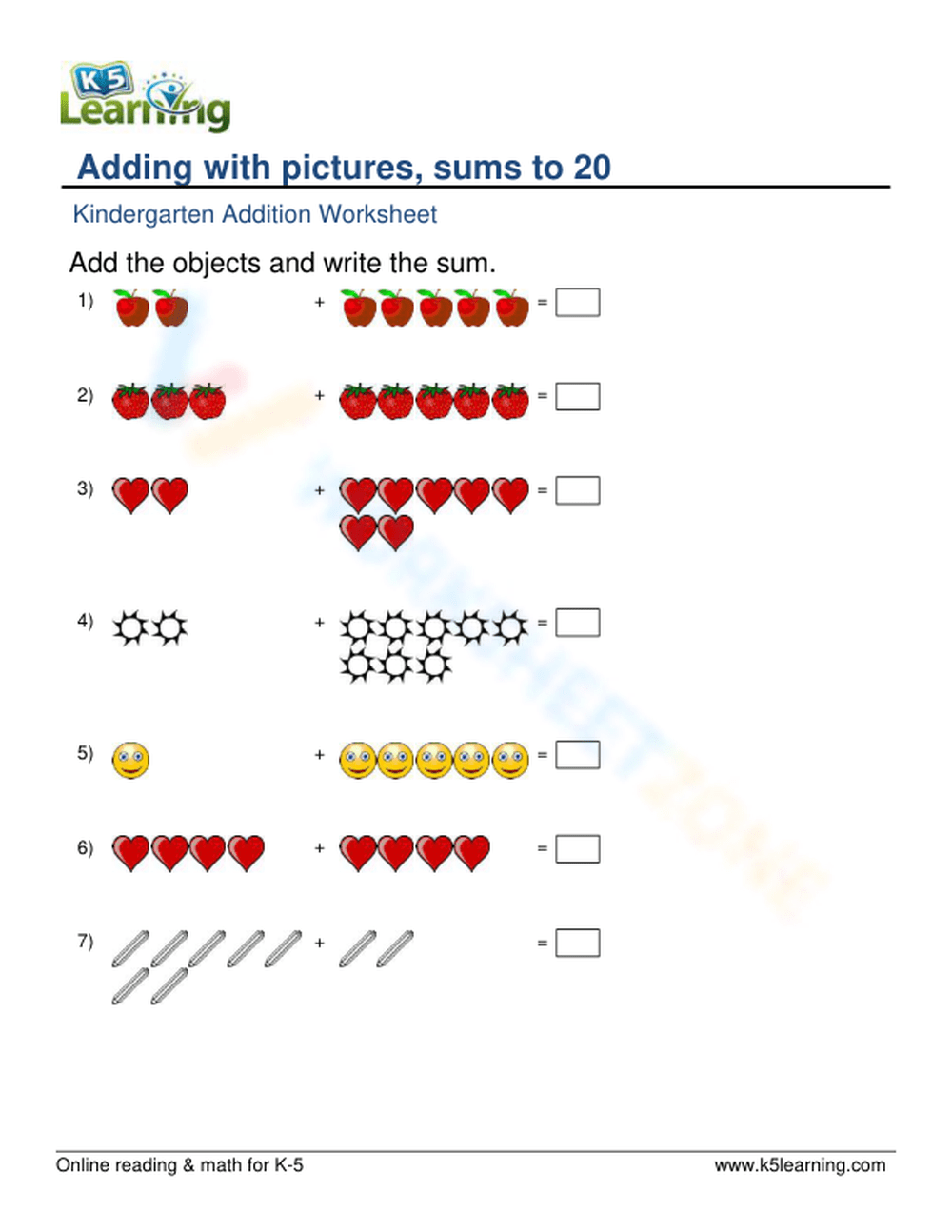 Adding Using Objects, Add The Objects (up To 20) With Pictures Worksheet Adding Using Objects, Add The Objects (up To 20) With Pictures Worksheet