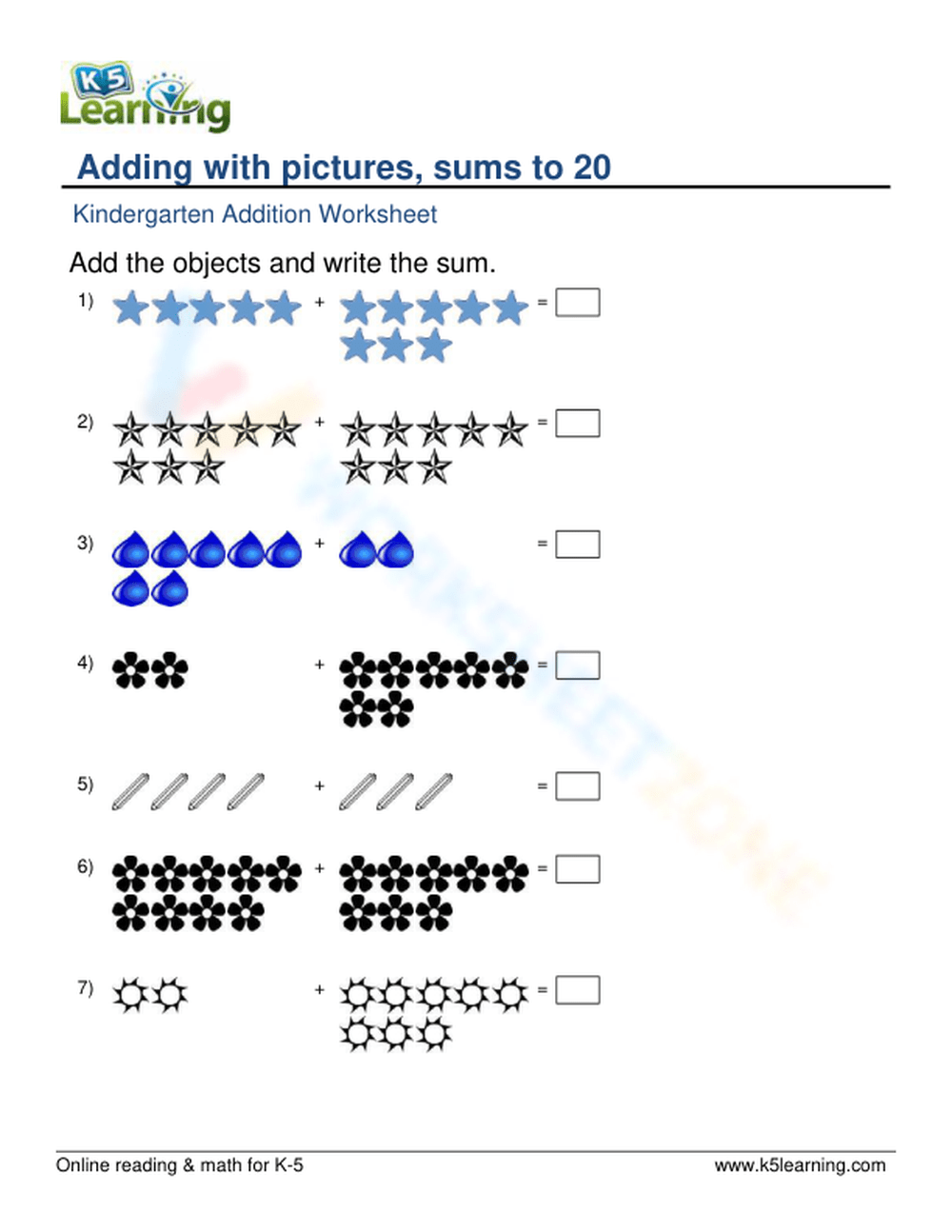 Adding Using Objects, Add The Objects (up To 20) With Pictures Worksheet Adding Using Objects, Add The Objects (up To 20) With Pictures Worksheet