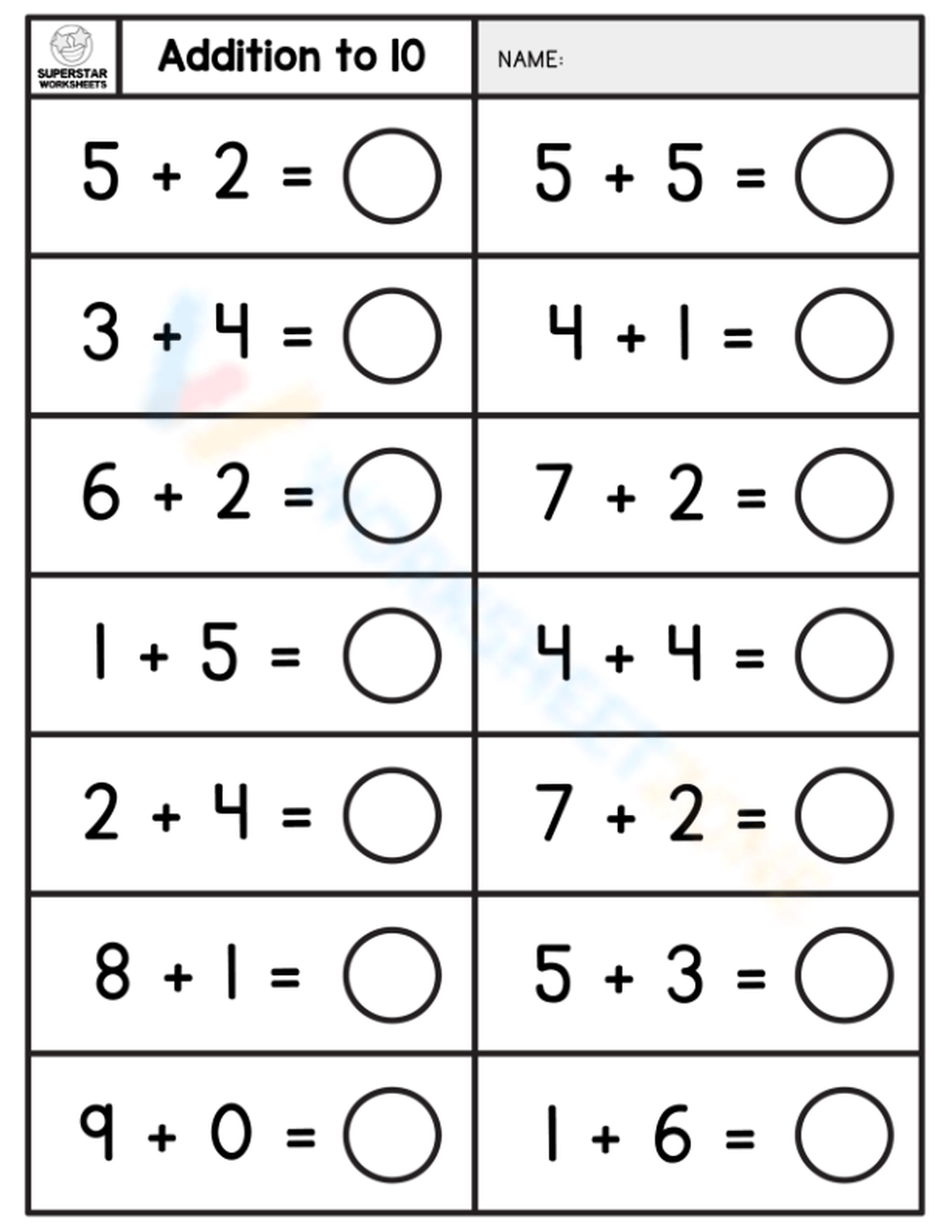 Horizontal Adding Practice (within 10) Worksheet