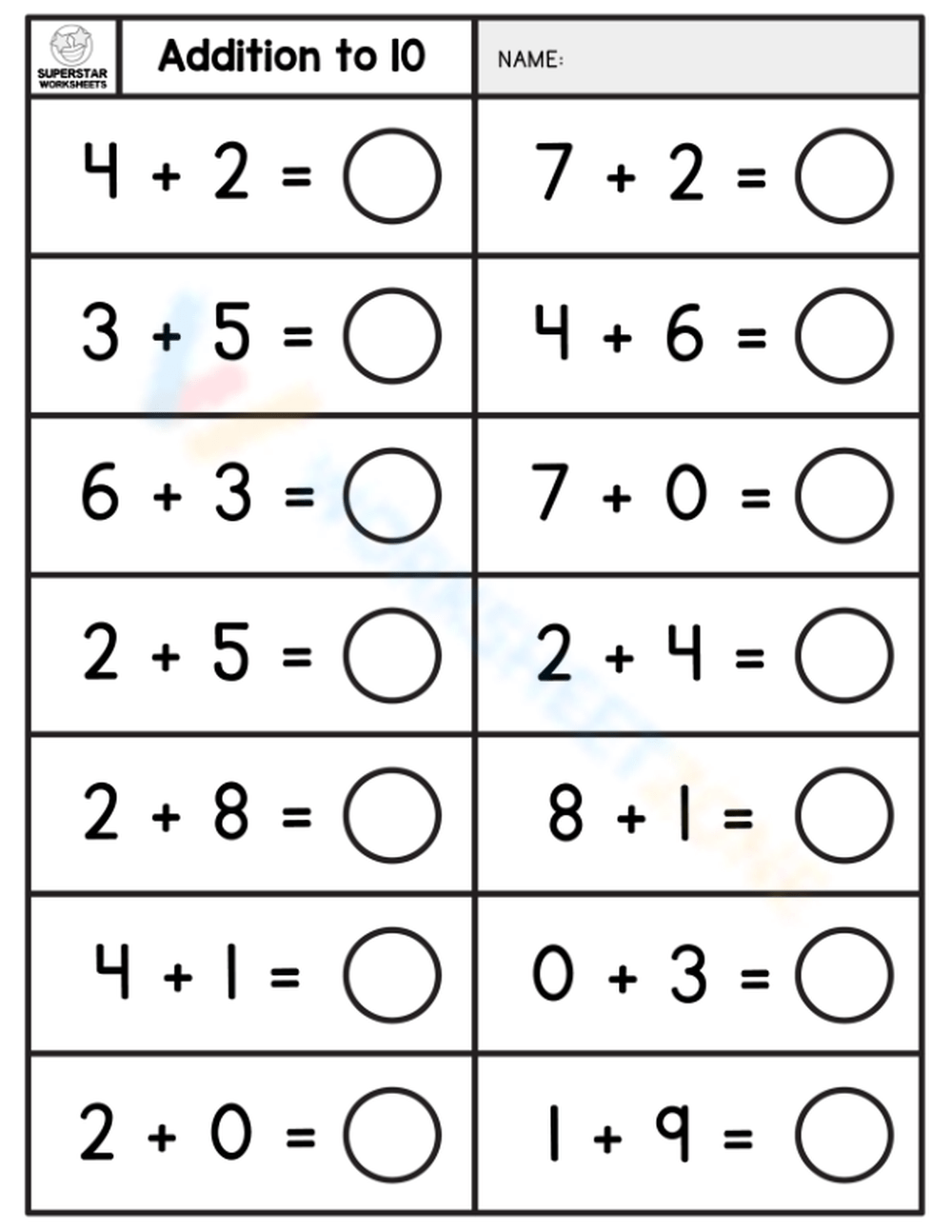 Horizontal Adding Practice (within 10) Worksheet