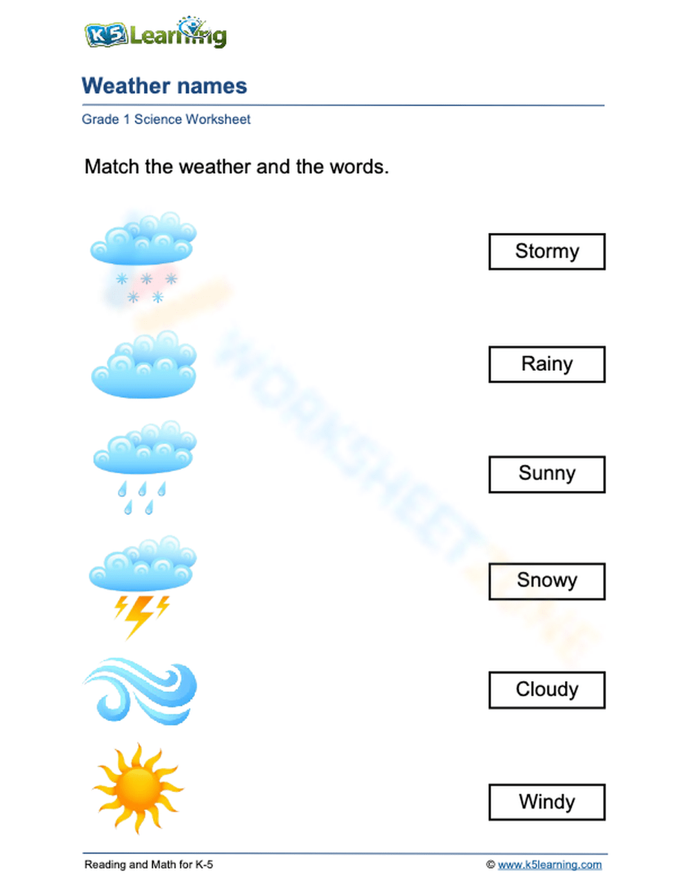 Grade 1: Weather Matching Activity Worksheet Grade 1: Weather Matching Activity Worksheet