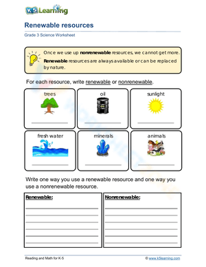 Grade 3 Renewable Resources — Printable No-Prep Worksheet