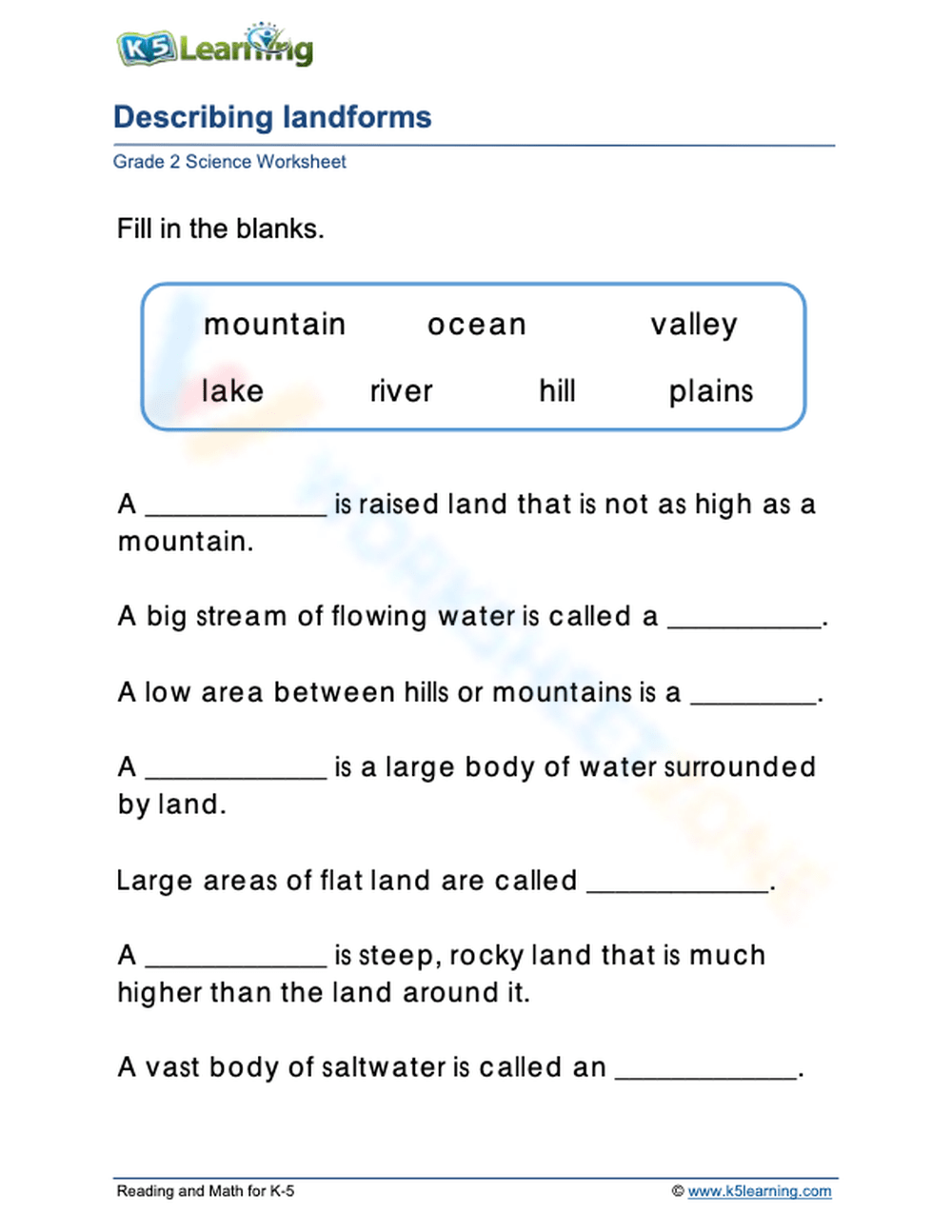Describing Landforms Worksheet