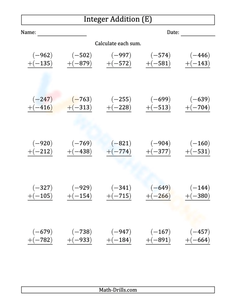 3-digit-integers Vertical Addition (Negative Plus Negative) (5) Worksheet