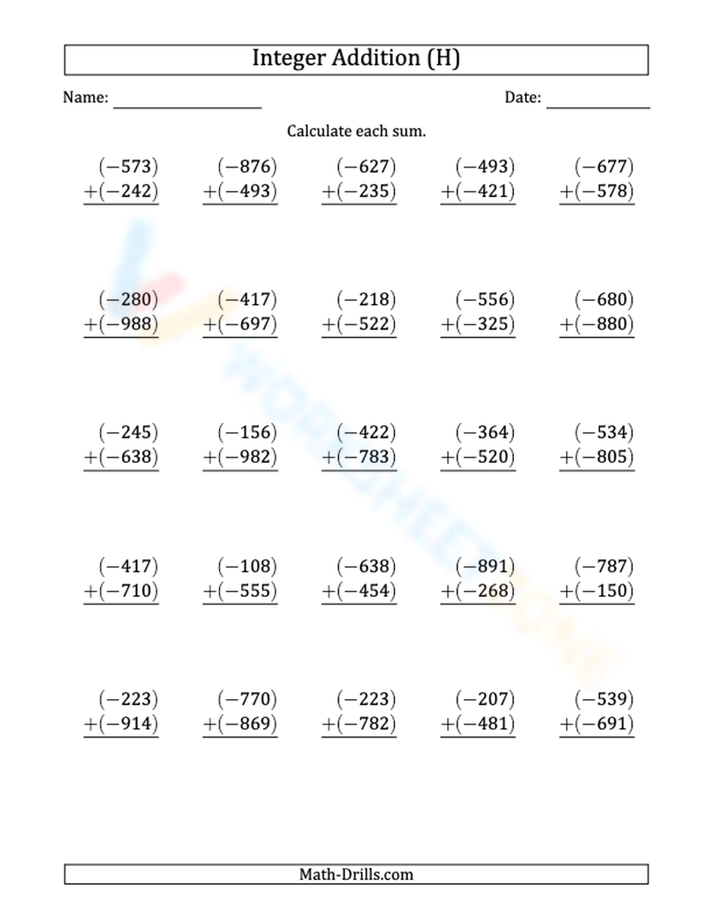 3-digit-integers Vertical Addition (Negative Plus Negative) (8) Worksheet