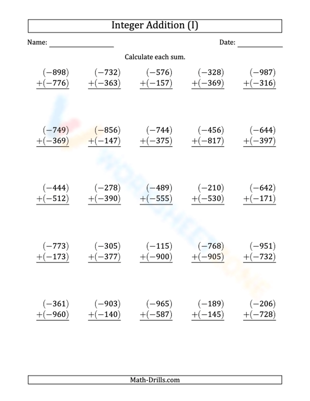 3-digit-integers Vertical Addition (Negative Plus Negative) (9) Worksheet