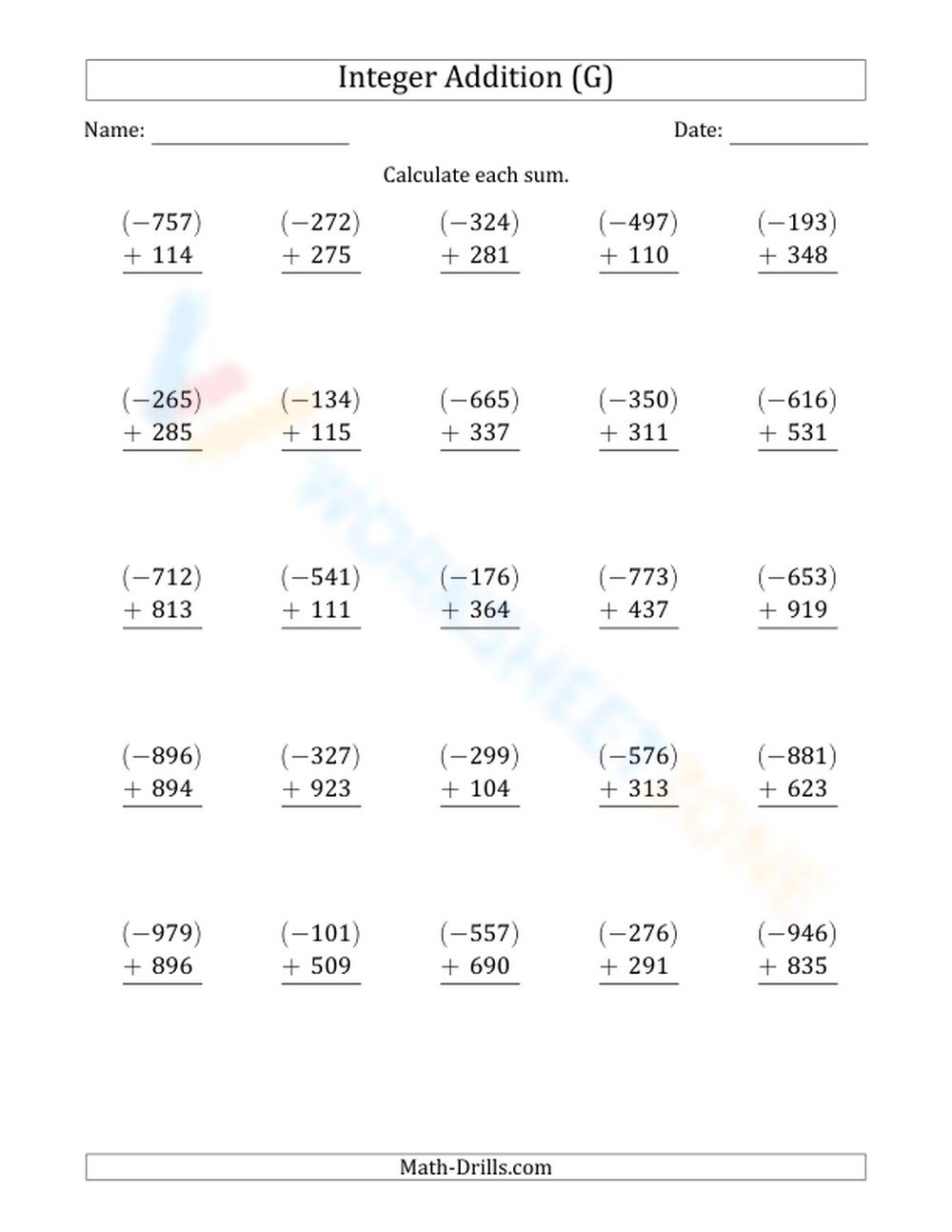 3-digit-integers Vertical Addition (Negative Plus Positive) (7) Worksheet