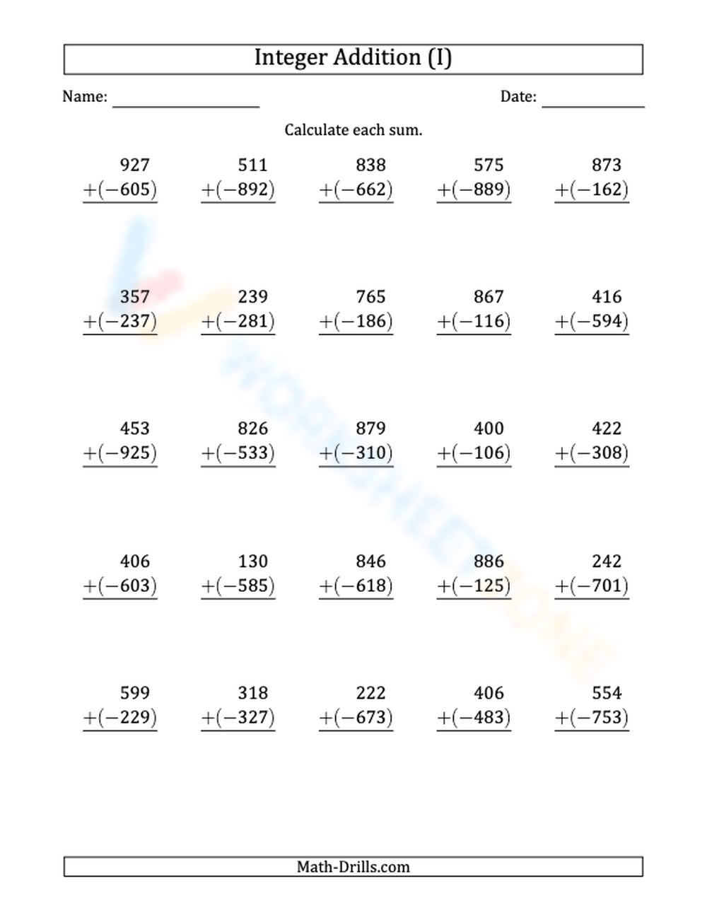 3-digit-integers Vertical Addition (Positive Plus Negative) (9) Worksheet