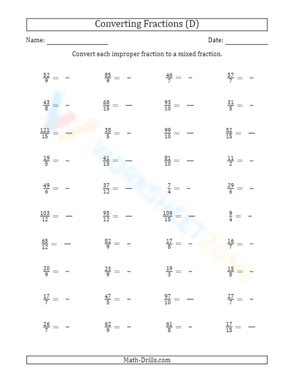 Convert Improper Fractions To Mixed Fractions (4) Worksheet